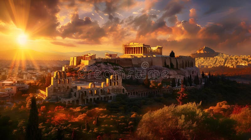 AI Illustration of the Acropolis at Sunset with Lens Flare in Autumn ...
