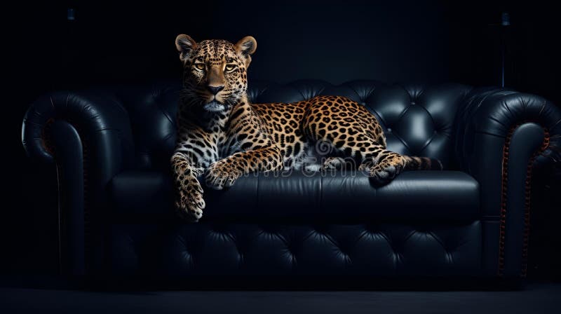 AI Illustration of a Beautiful Leopard Resting on a Black Sofa in a ...