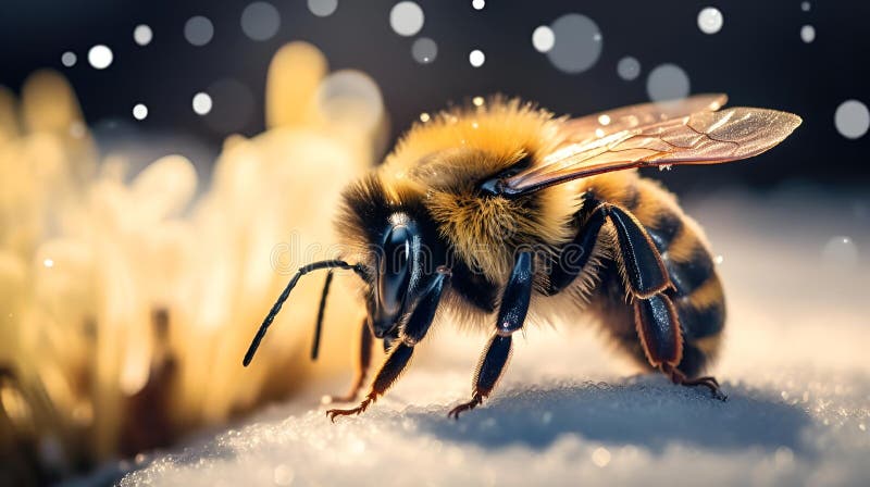AI Illustration of a Bee Perched on a Snowy Winter Landscape. Stock ...