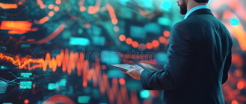 Ai Illustration of a Businessman Using a Phone and Data Center. Stock ...