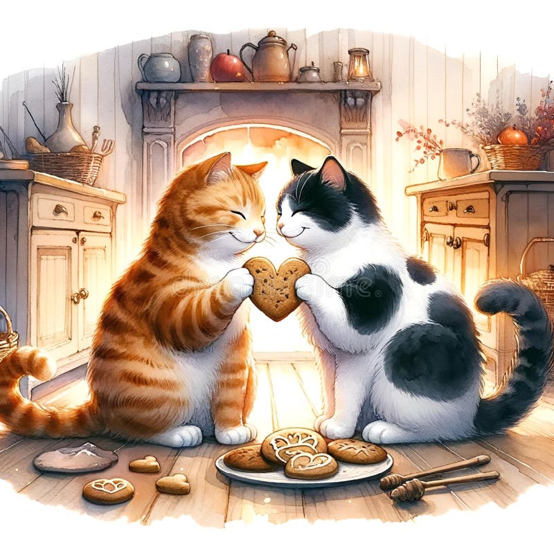 AI Illustration of Cats Enjoying a Cookie by the Fireplace Stock ...