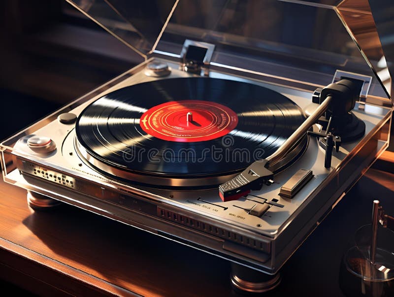 AI Illustration of a Classic Record Player with a Vintage Vinyl Record Spinning on the Turntable ...