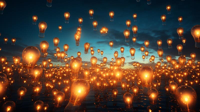 An AI Illustration of an Array of Light Bulbs Hanging Over the Ocean at ...