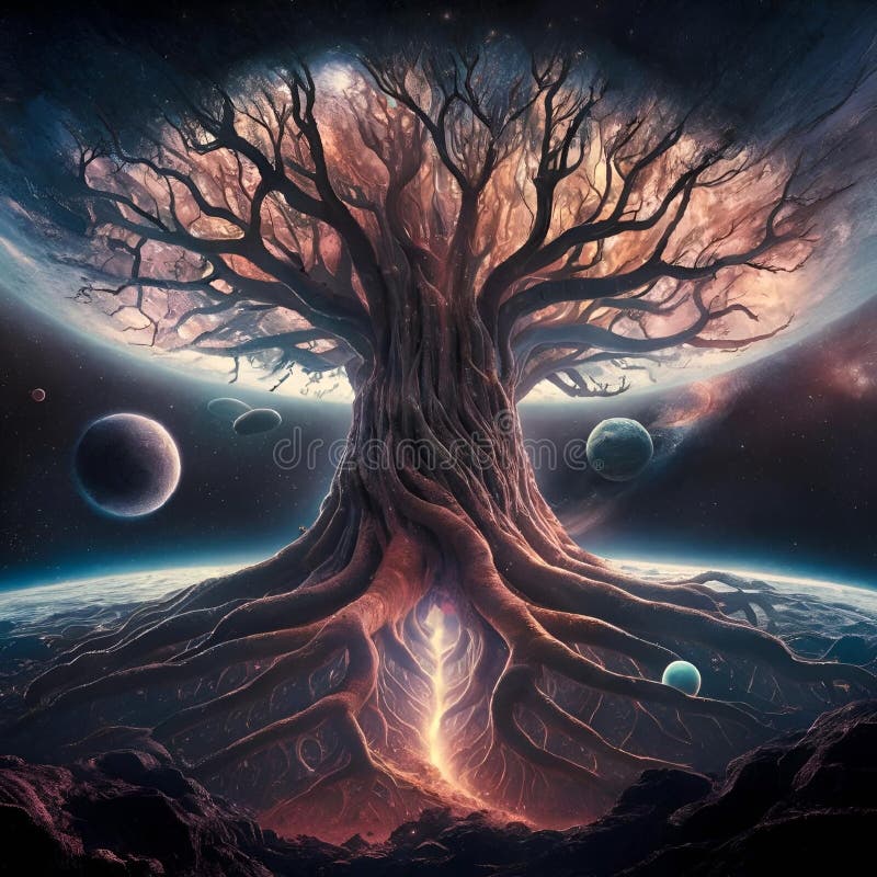 AI Illustration of a Cosmic Tree with Glowing Branches and Planets in ...