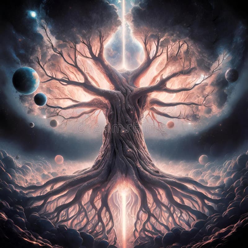 AI Illustration of a Cosmic Tree with Glowing Branches and Planets ...