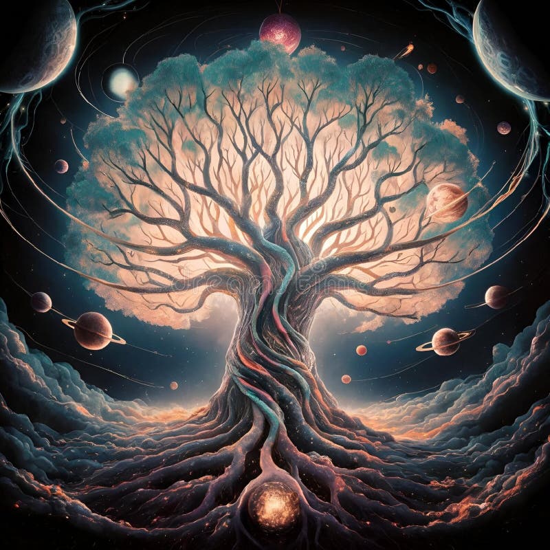 AI Illustration of a Cosmic Tree with Planets Orbiting Around it Stock ...