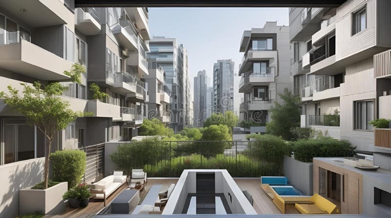AI Illustration of a Courtyard with a Seating Area and Buildings in the ...