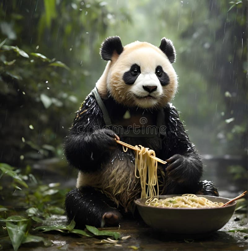 AI Illustration of a Cute Panda Eating Ramen in the Rainforest Stock ...
