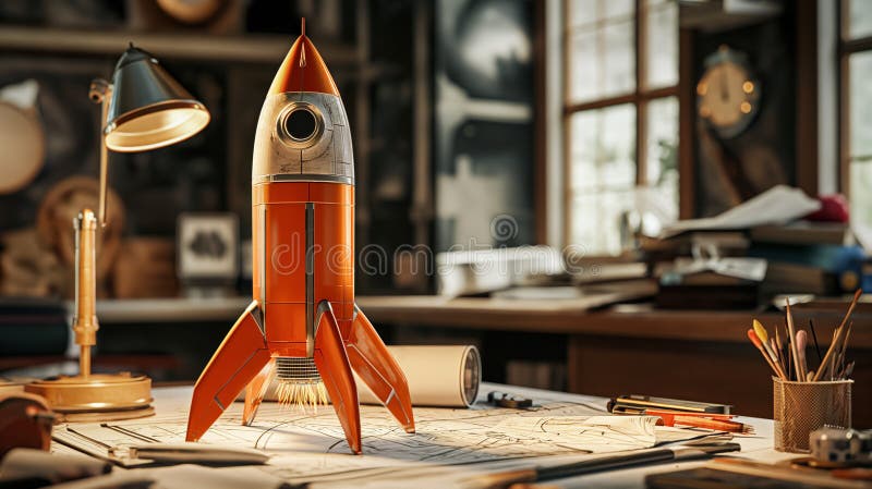 AI Illustration of a 3D Model Rocketship in a Creative Studio. Stock ...