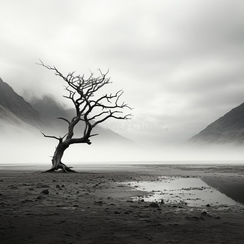 An AI Illustration of a Lone Dead Tree is on a Beach and Some Water ...