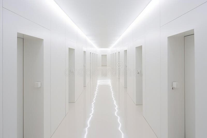 AI Illustration of an Empty Hallway with White Walls and Multiple Doors ...
