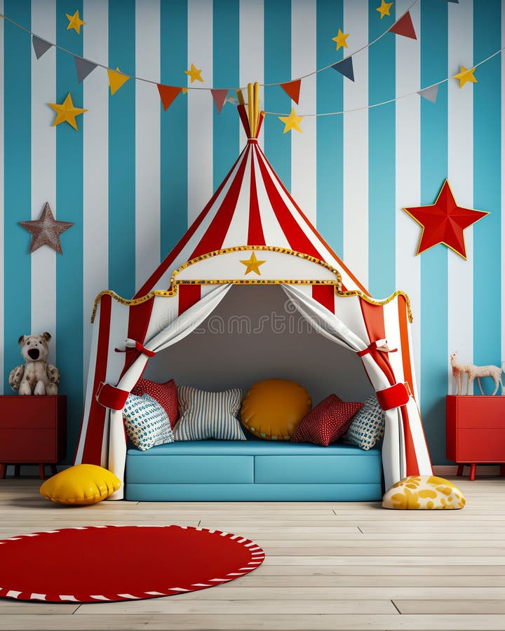 An AI Illustration of an Empty Room with a Blue Couch and Circus Tent ...