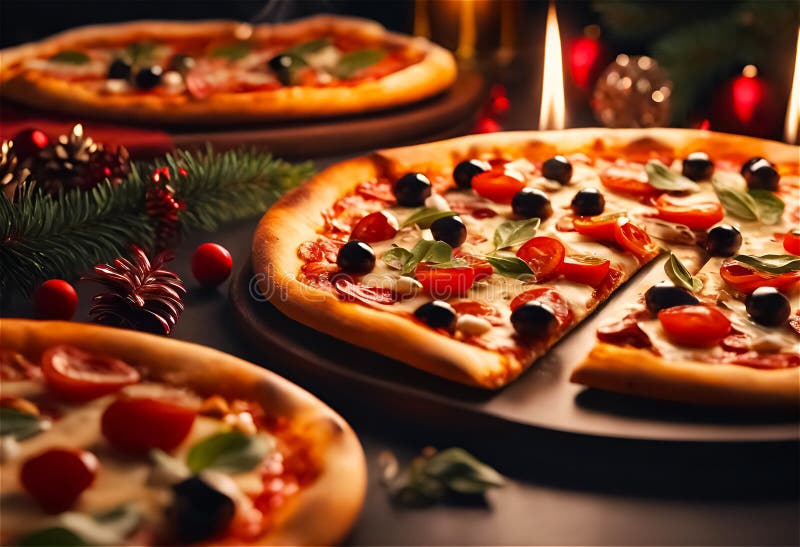 AI Illustration of a Festive Scene of Christmas and Pizzas Stock Image ...