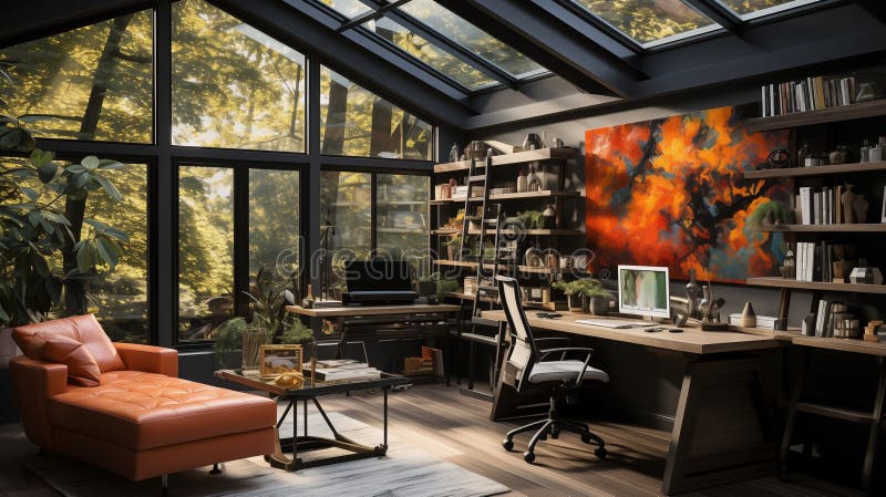 An AI Illustration of an Attic Loft Home Office with a Large Window ...
