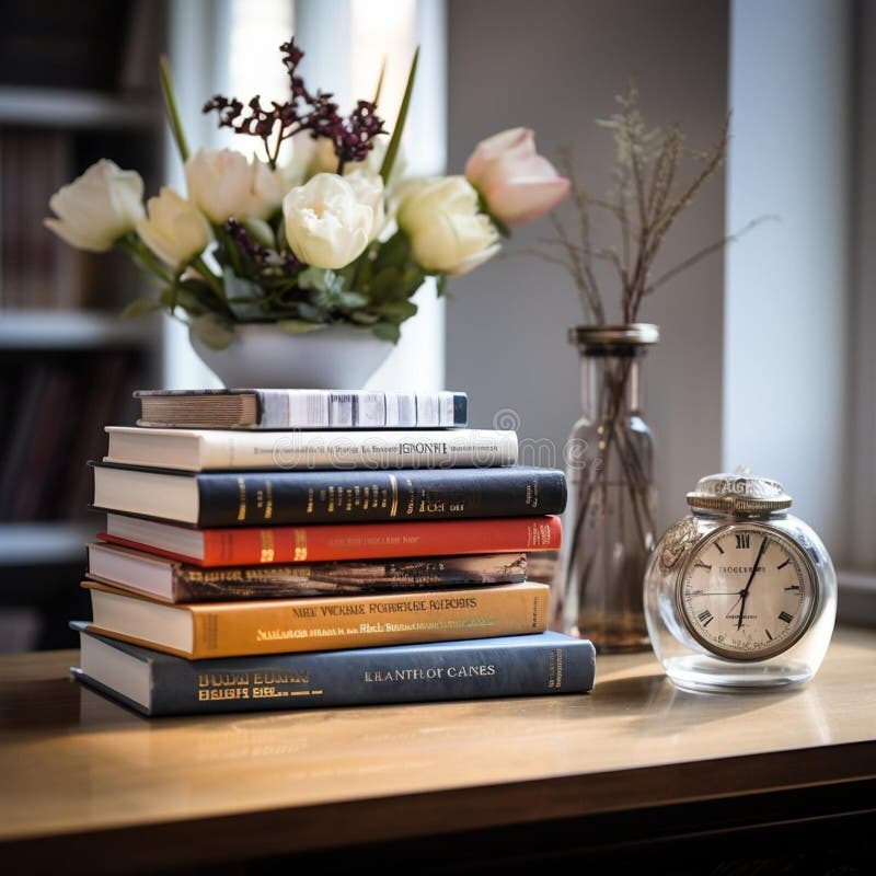 An AI Illustration of There are Many Books on the Table Next To a Clock ...