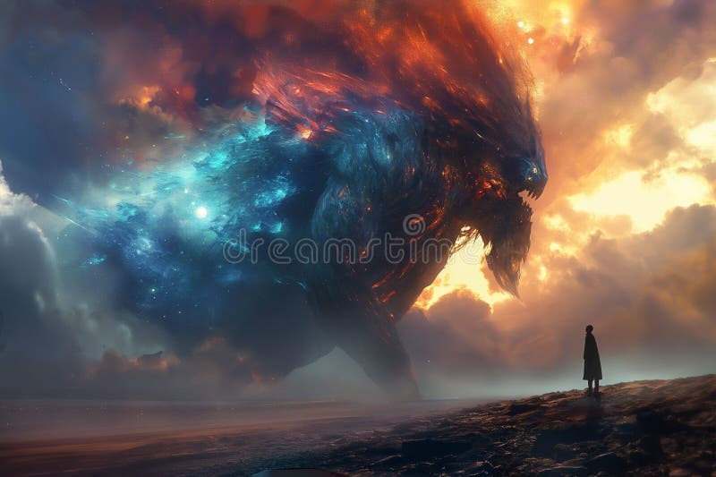 AI Illustration of a Giant Cosmic Creature Facing a Lone Human Figure ...