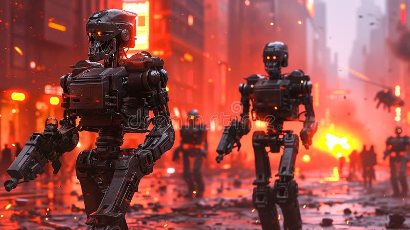 AI Illustration of a Group of Robots Walking Down a Street. Stock Image ...