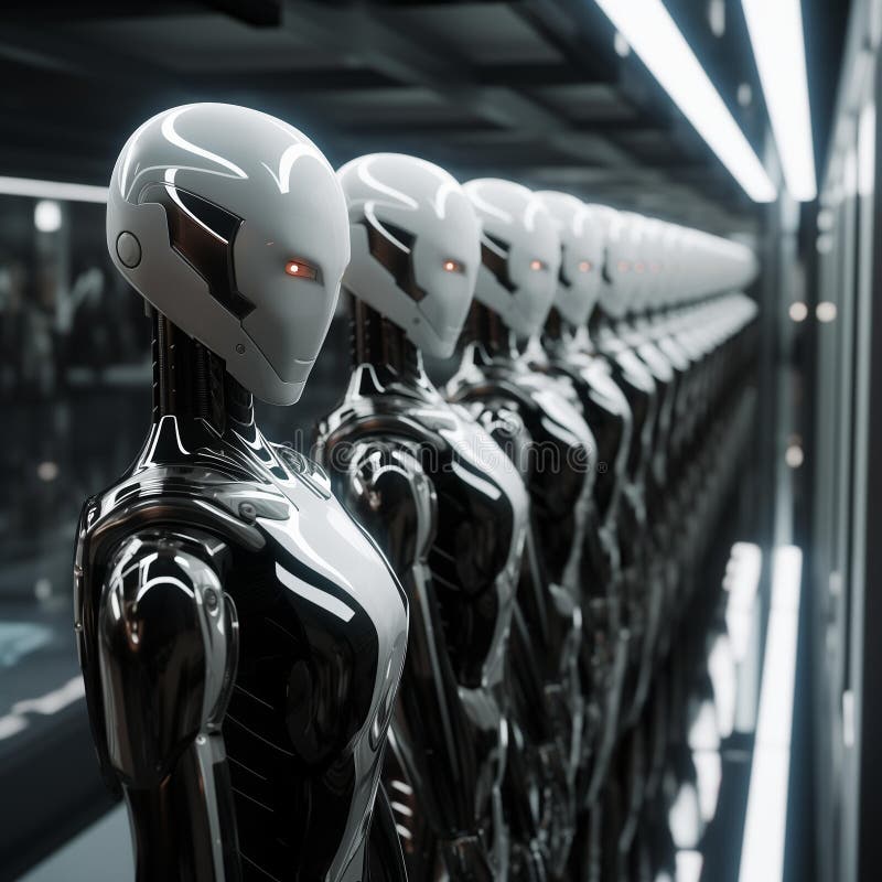 AI Illustration of a Hallway with an Array of Robots Lined Up and ...