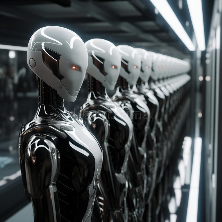 AI Illustration of a Hallway with an Array of Robots Lined Up and ...