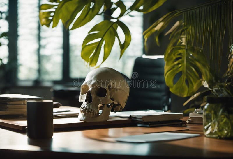 An AI Illustration of a Skull that is on the Desk of an Office Setting ...