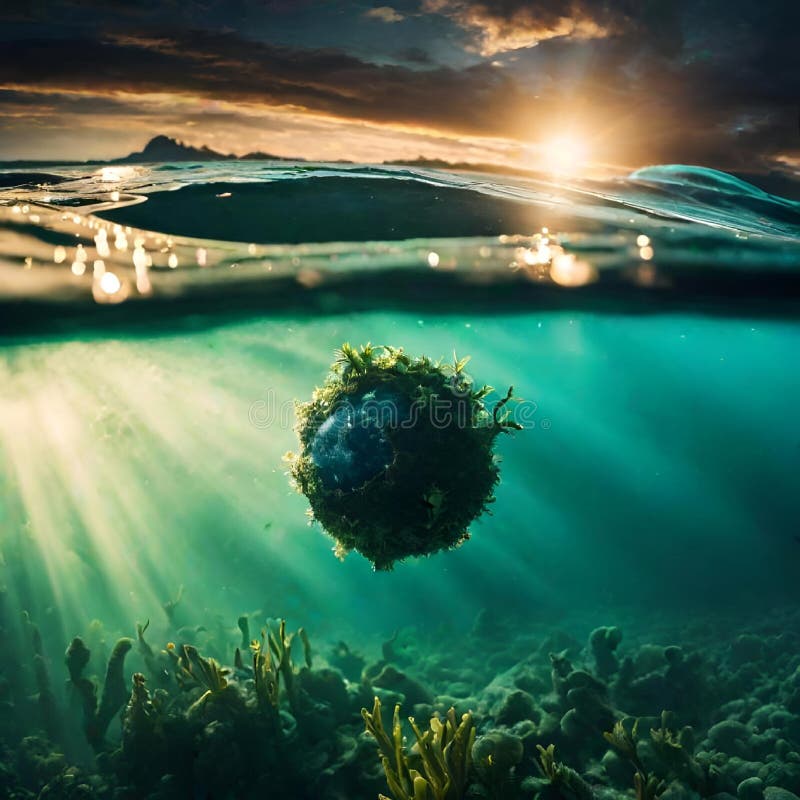 AI Illustration of an Island Floats Above Open Ocean Waters Stock ...