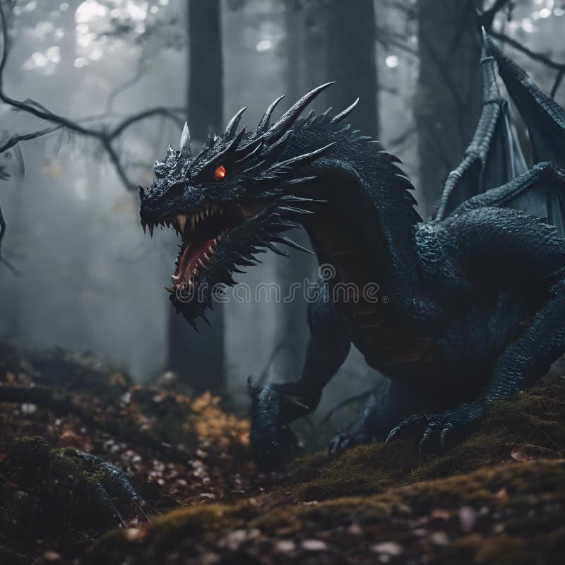 AI Illustration of a Large, Black Dragon with Red Eyes in a Forest ...
