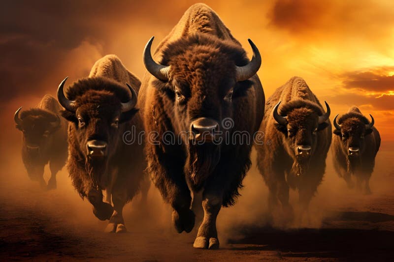 AI Illustration of a Majestic Bison Herd Running through the Landscape ...