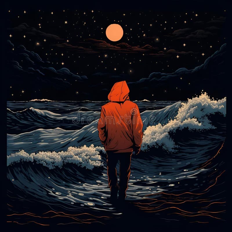 AI Illustration of a Man Overlooking a Shimmering Ocean Illuminated by ...