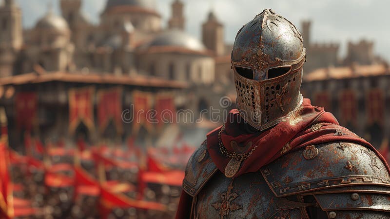 AI Illustration of a Medieval Knight in Armor with Red Flags and a ...