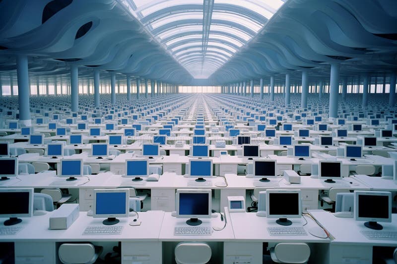 AI Illustration of a Modern Office with Rows of Computer Desks Stock ...