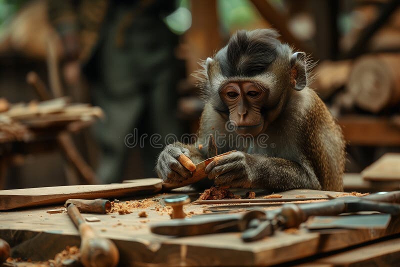 Monkey in the Workshop Working with His Hands Stock Illustration ...