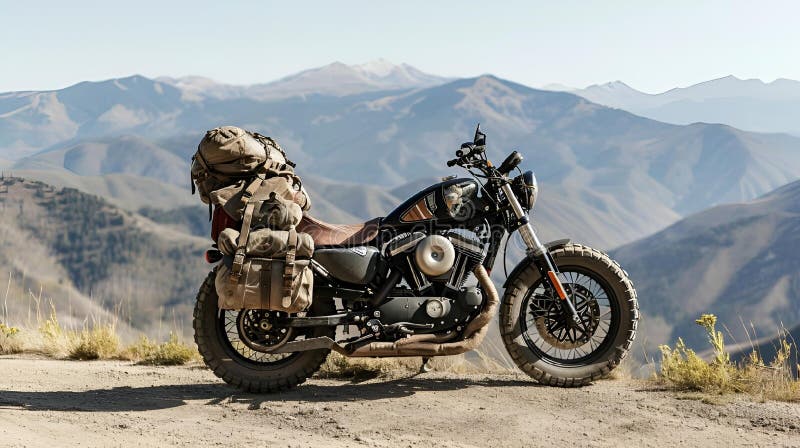 AI Illustration of a Motorcycle with a Backpack with Mountains in the ...
