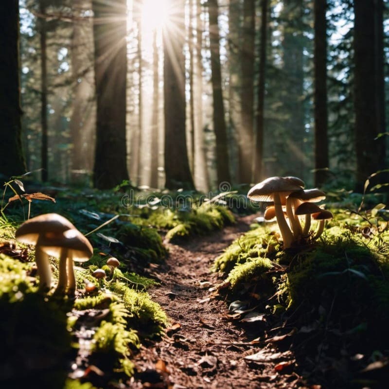 An AI Illustration of Mushroom Path through a Sunlit Forest Stock Image - Image of digital ...