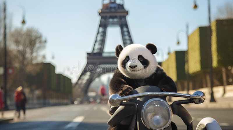 AI Illustration of a Panda Riding on the Front of a Motorcycle in Front ...