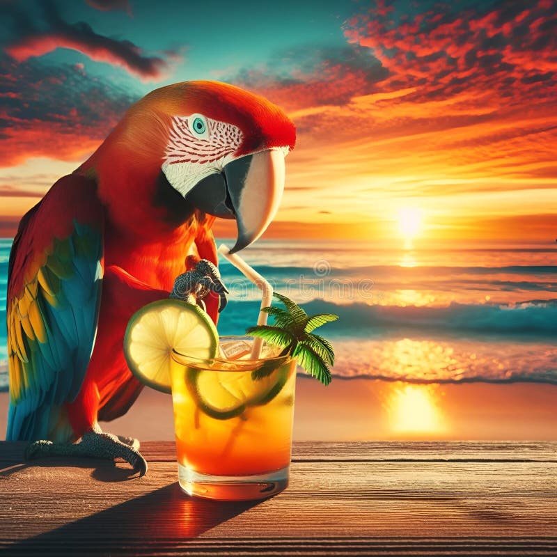 AI Illustration of a Parrot with an Exotic Drink on the Beach at Sunset ...