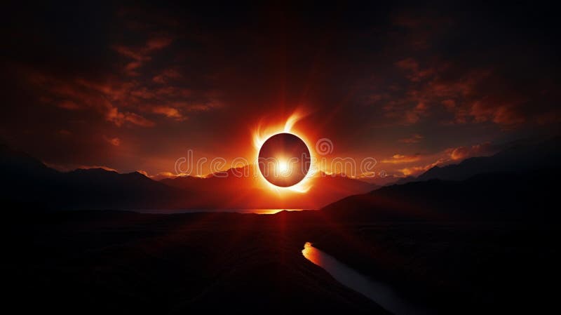 An AI Illustration of a Partial Eclipse Over Mountains with a River in ...