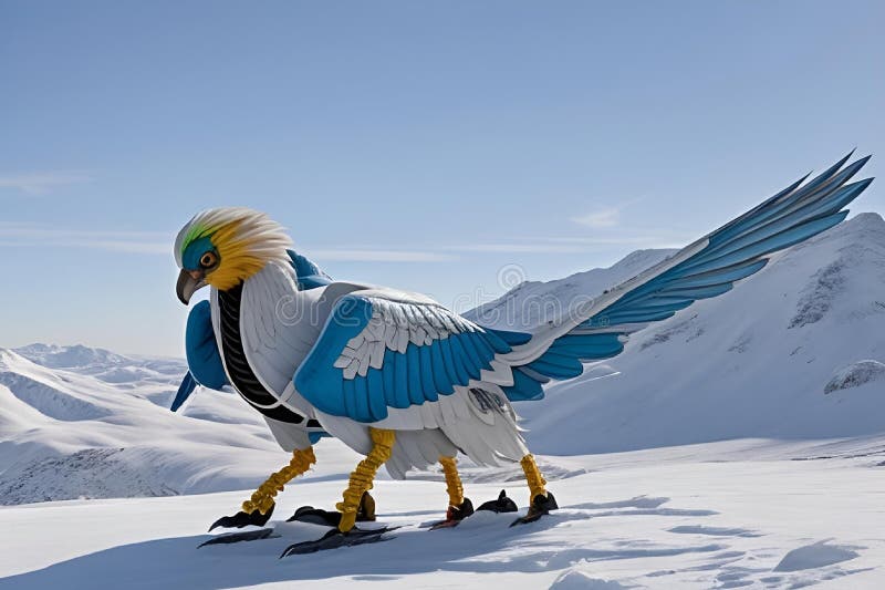 AI Illustration of a Powerful Bird with Headband and Backpack Walking ...