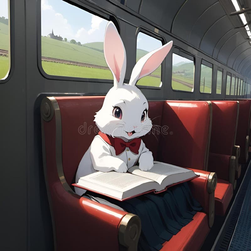 AI Illustration of a Rabbit Reading a Book on Train Stock Illustration ...