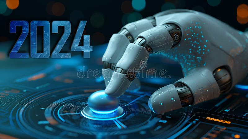 AI Illustration of a Robotic Hand Pressing a Button of a Futuristic ...