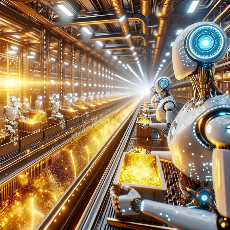 AI Illustration of Robots Working in a Golden Manufacturing Facility ...