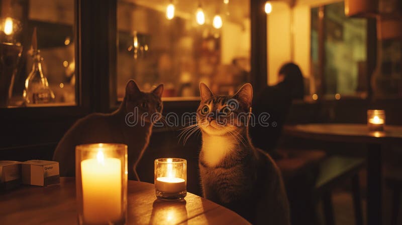 AI Illustration of a Romantic and Intimate Cat Cafe Setting, Where Dim ...