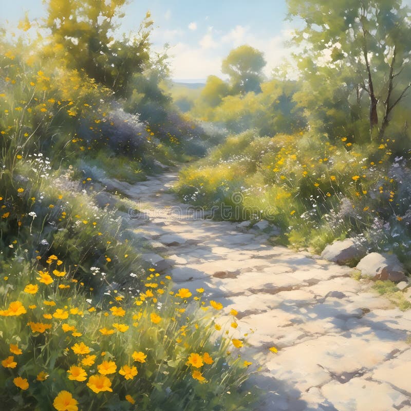AI Illustration of a Scenic Painting of a Path through a Field Stock ...