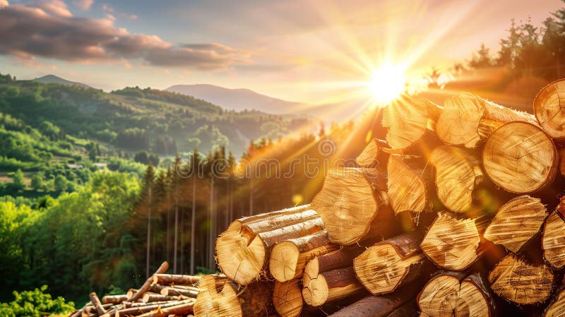 AI Illustration of a Scenic View of a Stack of Logs with a Sunlit ...