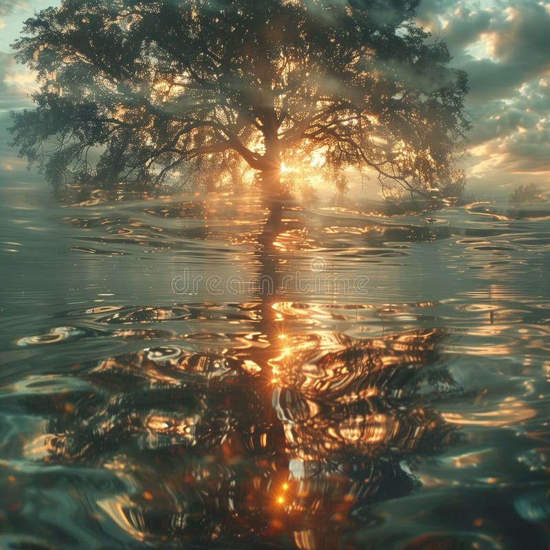 AI Illustration of a Serene Sunset with a Tree Reflected in Calm Water ...