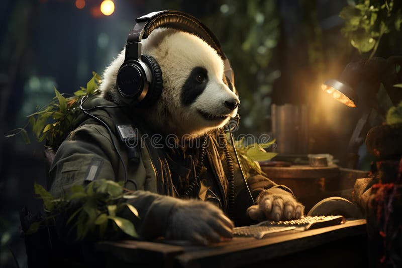 AI Illustration of a Solitary Panda Bear Using a Computer in the Middle ...