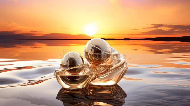 AI Illustration of the Sun Setting Over Two Glass Objects Reflecting ...