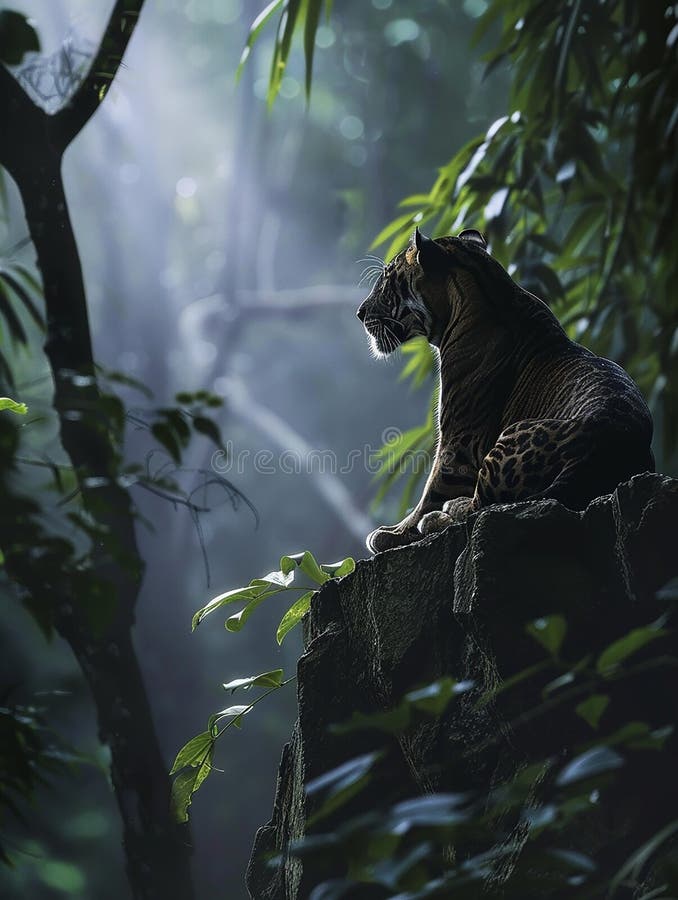 AI Illustration of a Tiger Sitting in Tree Stump with Sunlight in ...