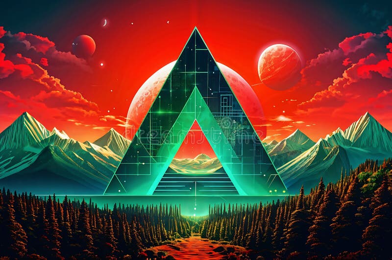 AI Illustration of a Triangle in Mountain Landscape with Moon Stock ...