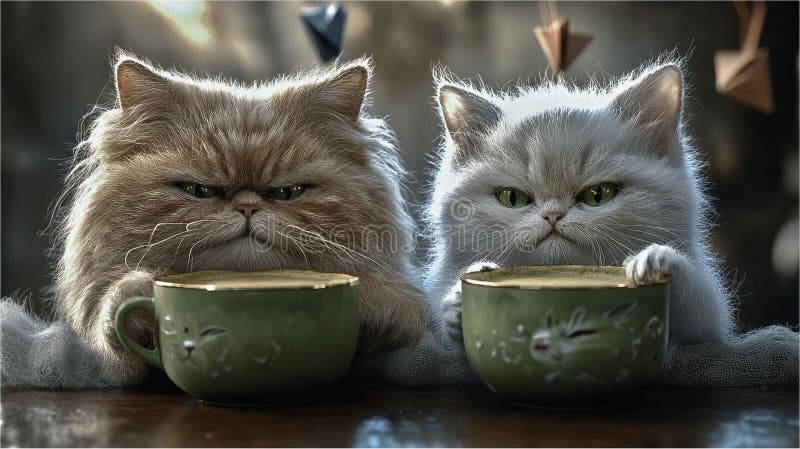 AI Illustration of Two Grumpy-looking Orange Tabby Cats Sitting at a Table, Each with Cup of ...