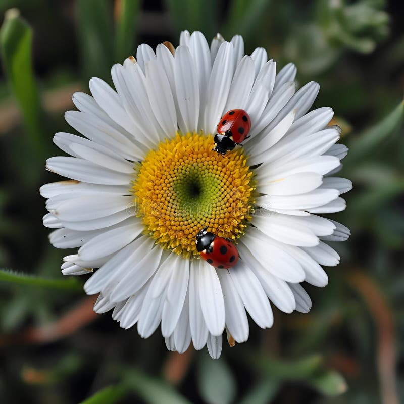 AI Illustration of Two Ladybugs Perched Atop a Daisy Flower. Stock ...